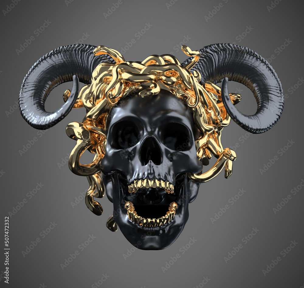 Concept illustration 3D rendering of screaming black skull with goat ...