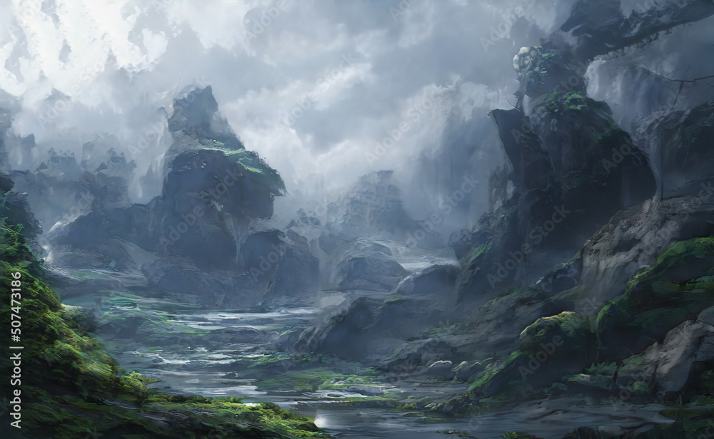 Fantastic Epic Magical Landscape of Mountains. Summer nature. Mystic ...