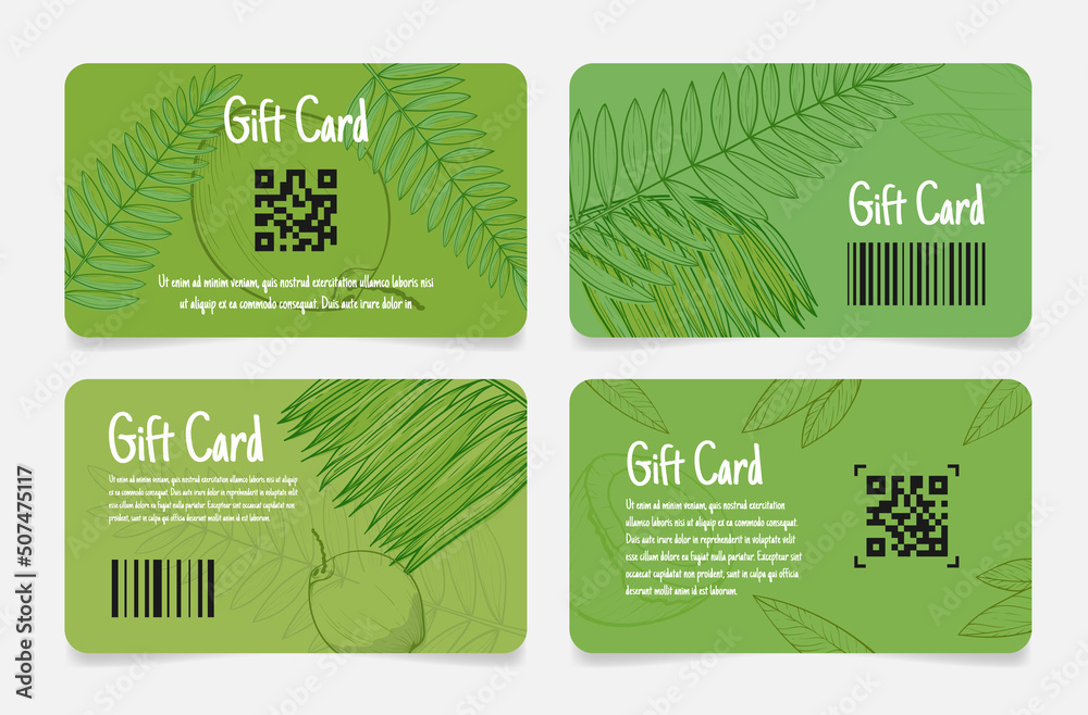 Collection green tropical leaves and fruits gift card decorative design ...