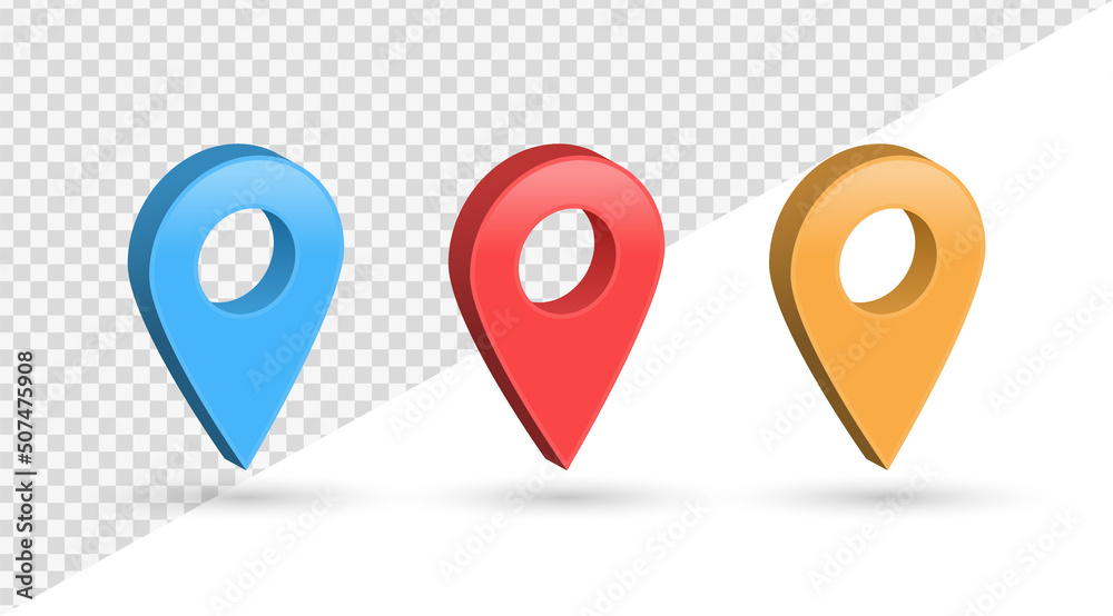 Poster 3d location map pointer icon, place pin marker sign - isometric red gps map pointers in ...