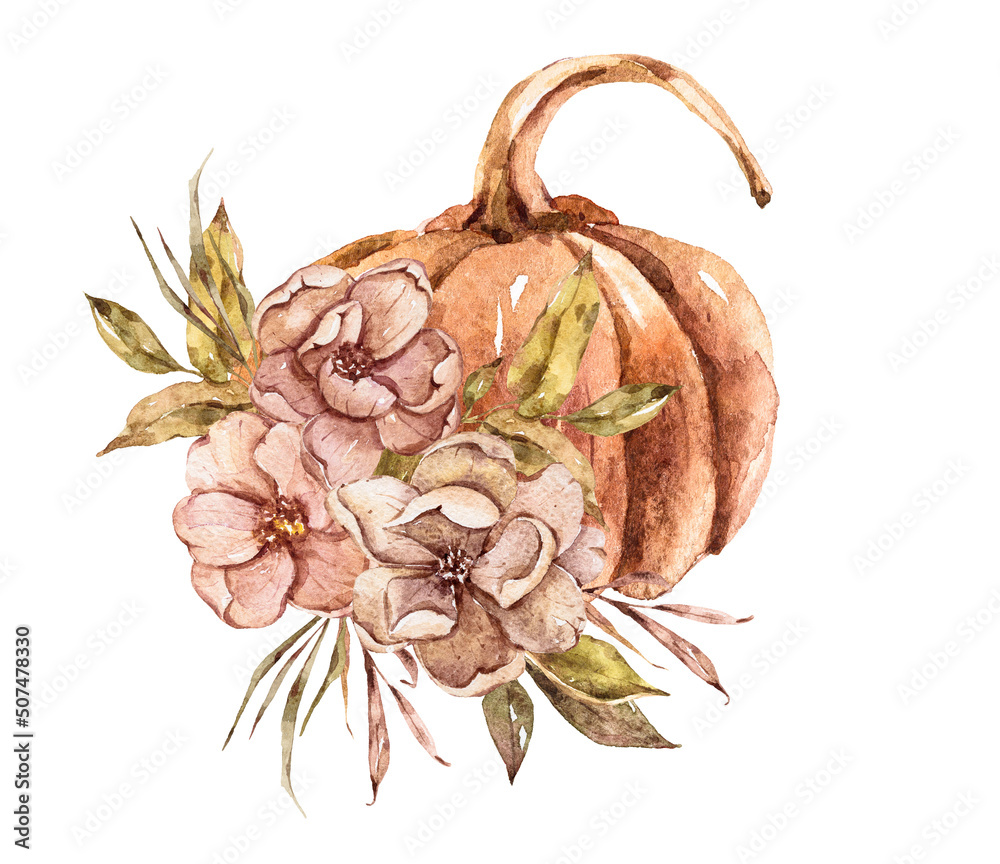 Watercolor boho Halloween pumpkin clipart, flower bouquet wreath ...