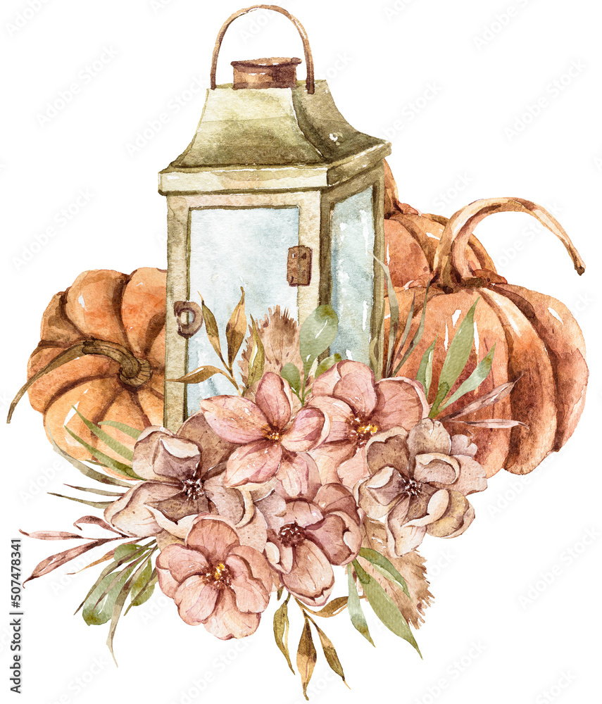 Watercolor boho Halloween pumpkin clipart, flower bouquet wreath ...
