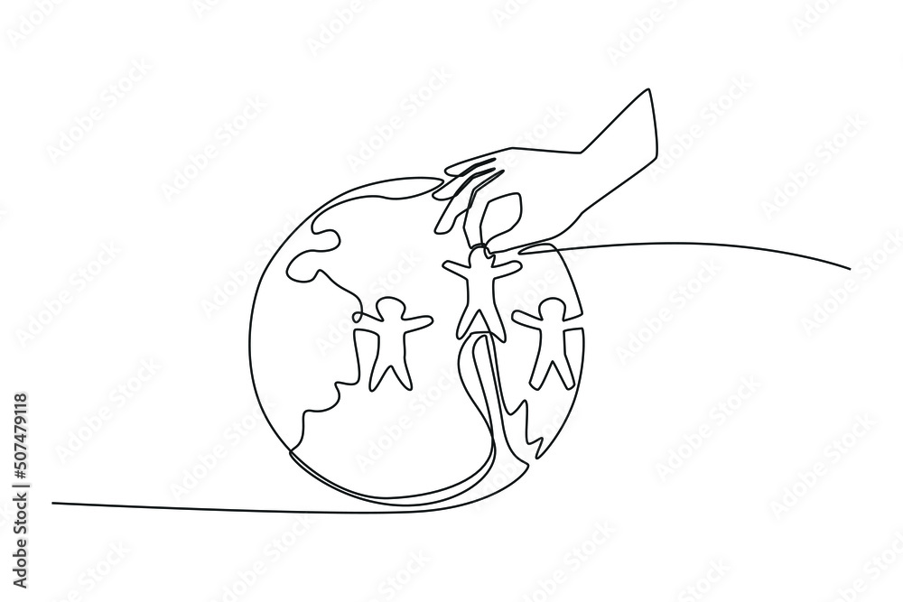 Single one line drawing hand putting people icon on globe. World ...