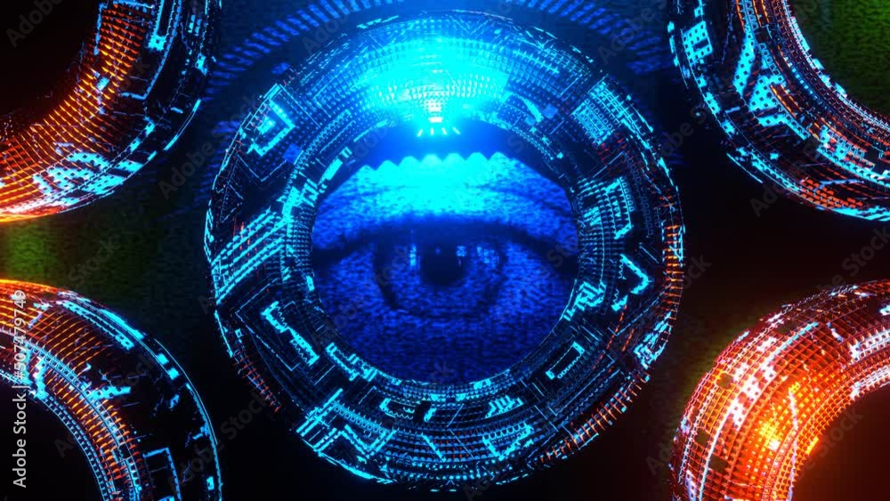 4K 3D animation. Blinking eye with tech interface. Technology ...