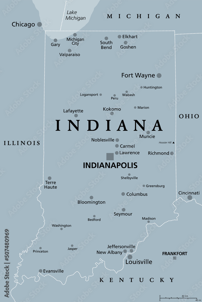 Indiana, IN, gray political map with the capital Indianapolis, and most ...