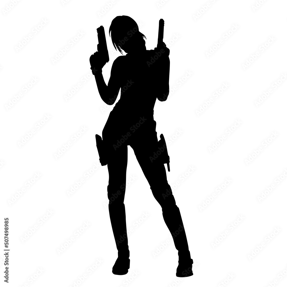 Black and white silhouette of a girl with a gun. A super woman in a ...