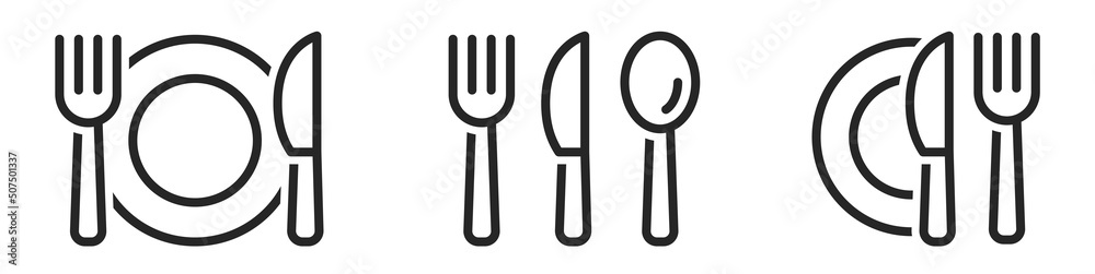 Cutlery icon set. Fork, knife, spoon and plate line icons set. Linear ...
