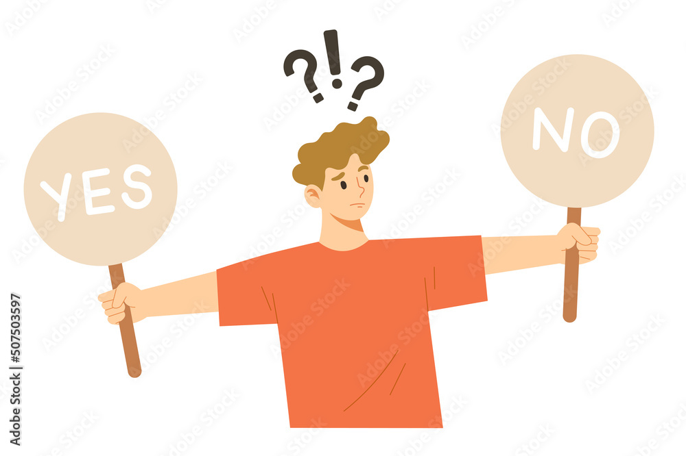 Man holding "YES" and "NO" sign with confused face expression. Question ...