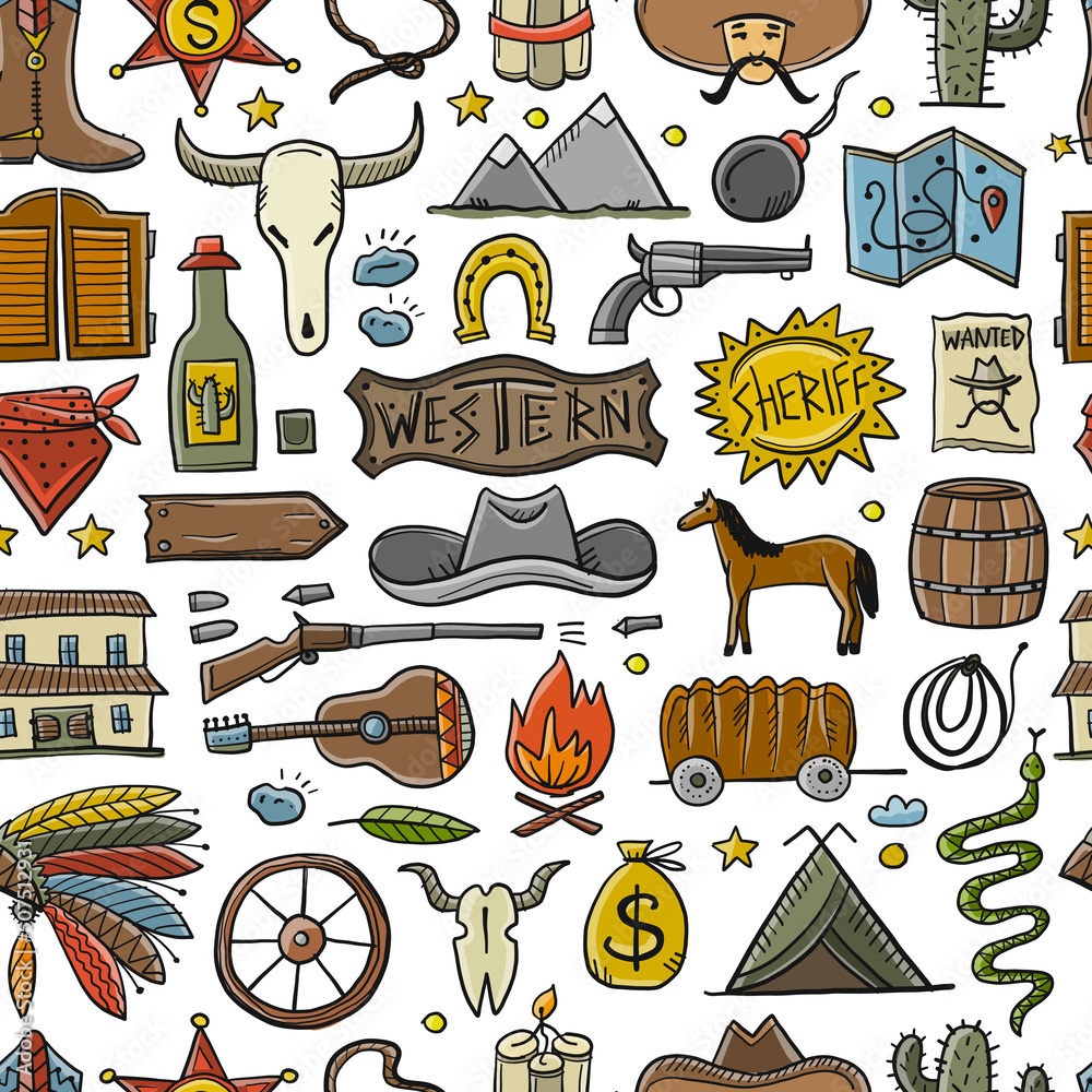 Wild Western. Adventure Background. Icons collection for your design ...