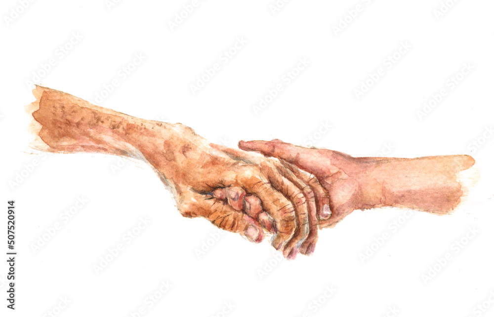 Watercolor drawing of the hands of two people. Support symbol Stock ...