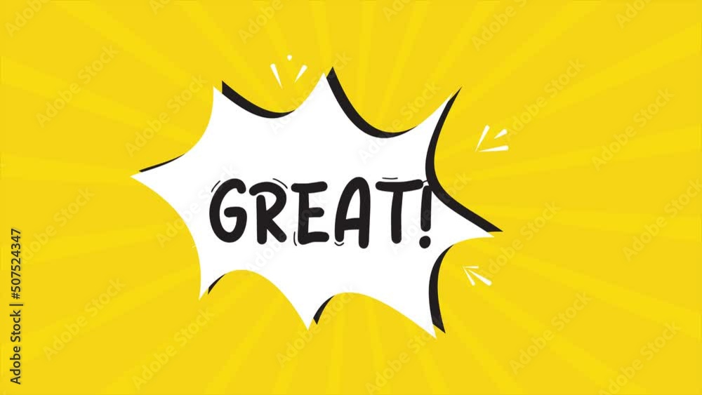 A comic strip cartoon animation with the word Great appearing. Yellow ...