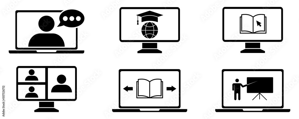 Online education vector icons set. Online course, training, webinar ...
