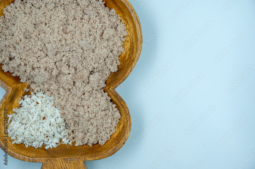 Selective Focused, Red chamba Puttu with coconut. Puttu is a South ...