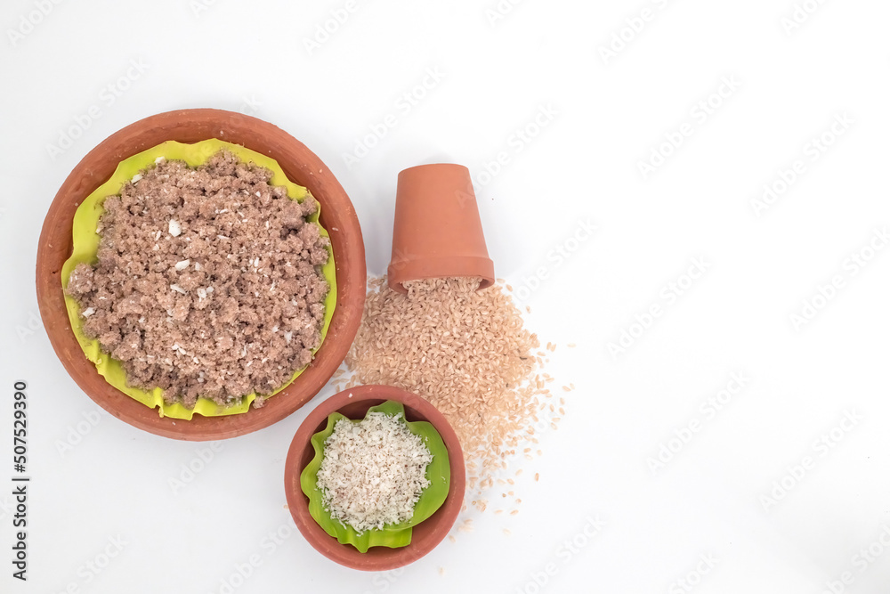 Selective Focused, Red chamba Puttu with coconut. Puttu is a South ...