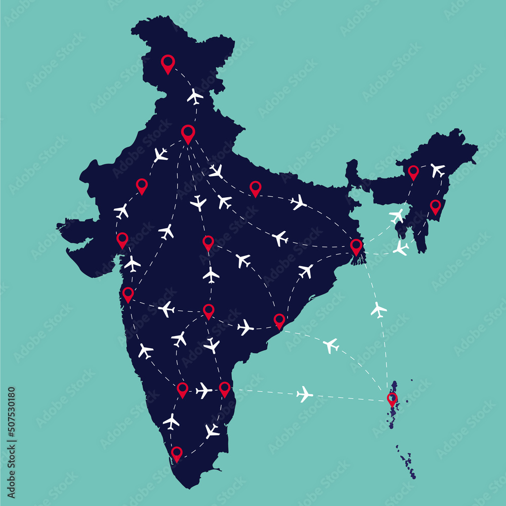Indian Air Route in the India Map vector illustration Stock Vector ...