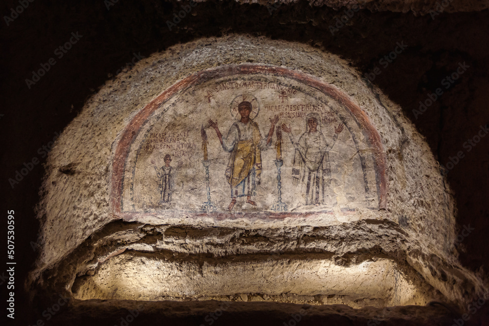 Early Christian fresco with the portrait of San Gennaro (St. Januarius ...