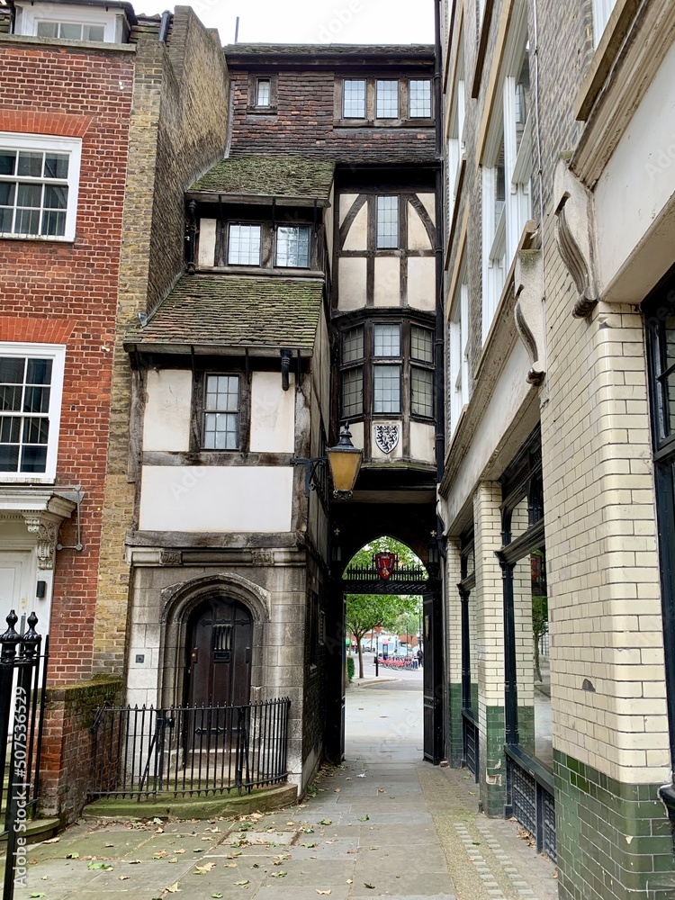 London, England. Back side of the stunning half-timbered architecture ...