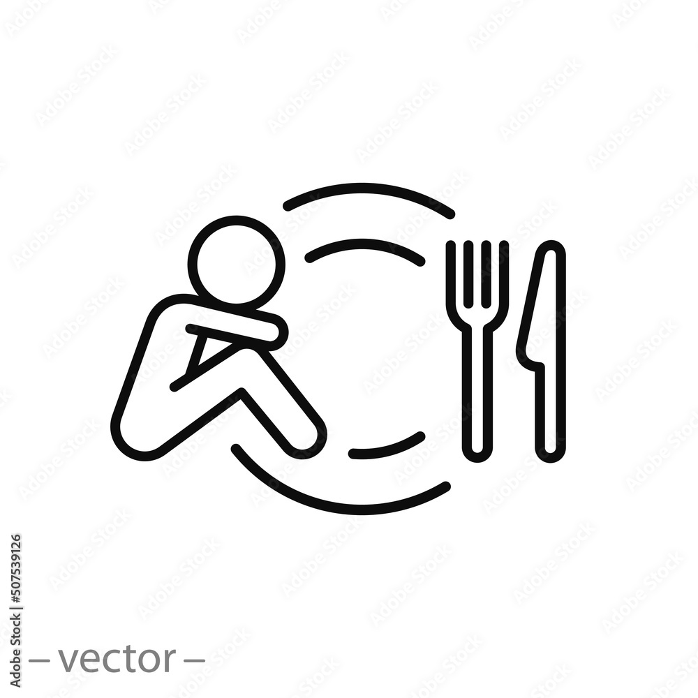 hunger person icon, poverty concept, thin line symbol on white ...