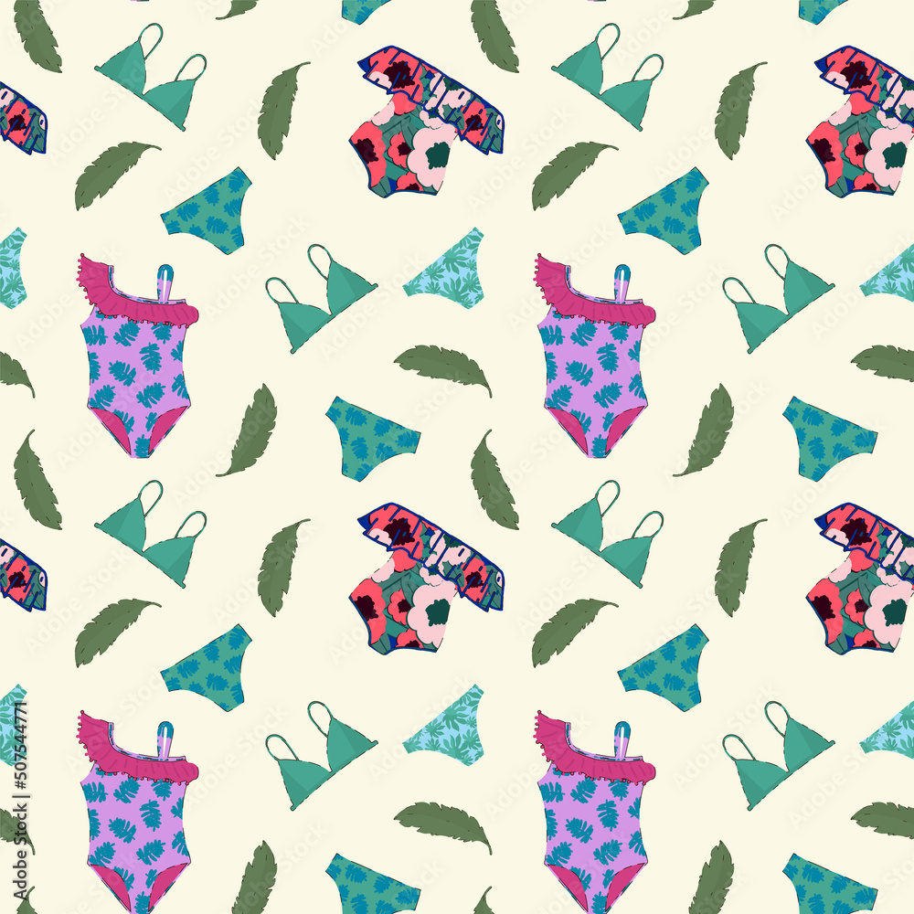 Summer beach pattern. Colorful set for the background. Banana leaves ...