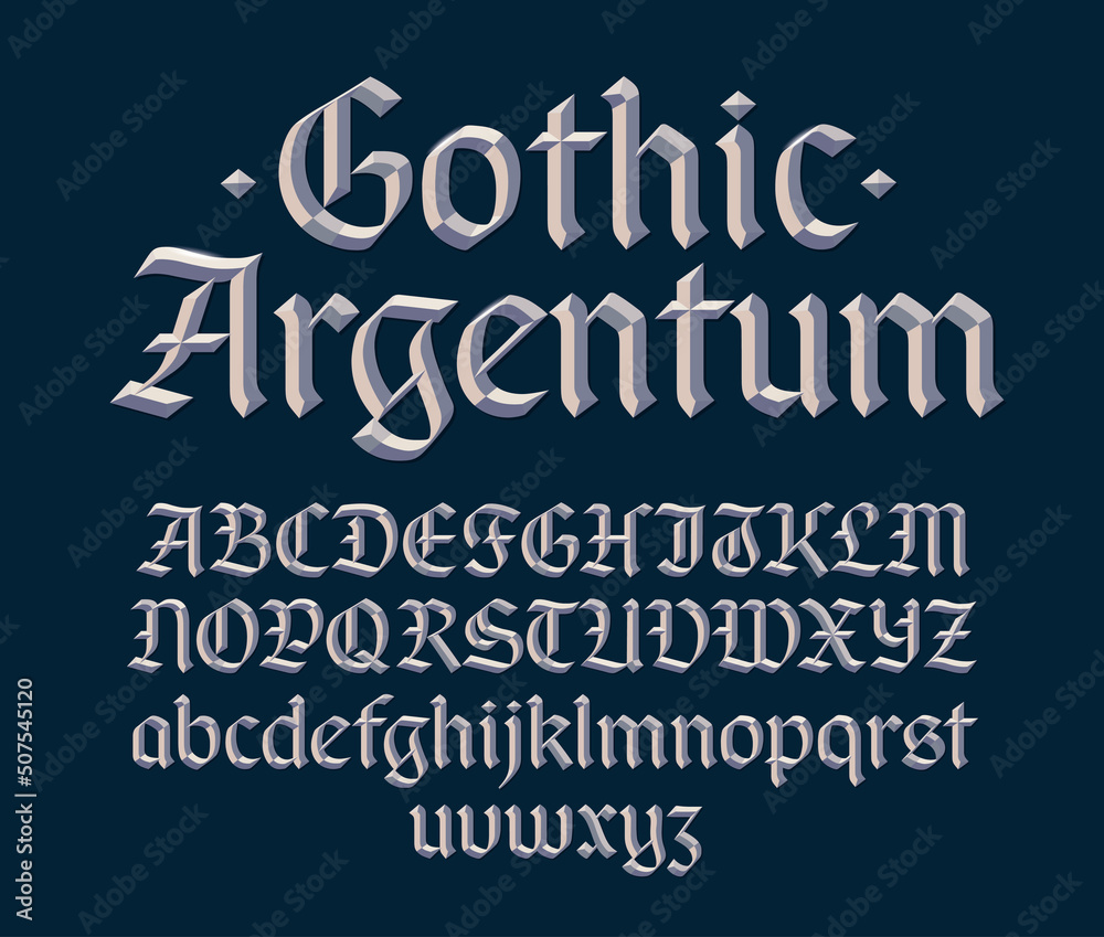 Gothic beveled font,decorative silver metallic 3d blackletter typeface ...