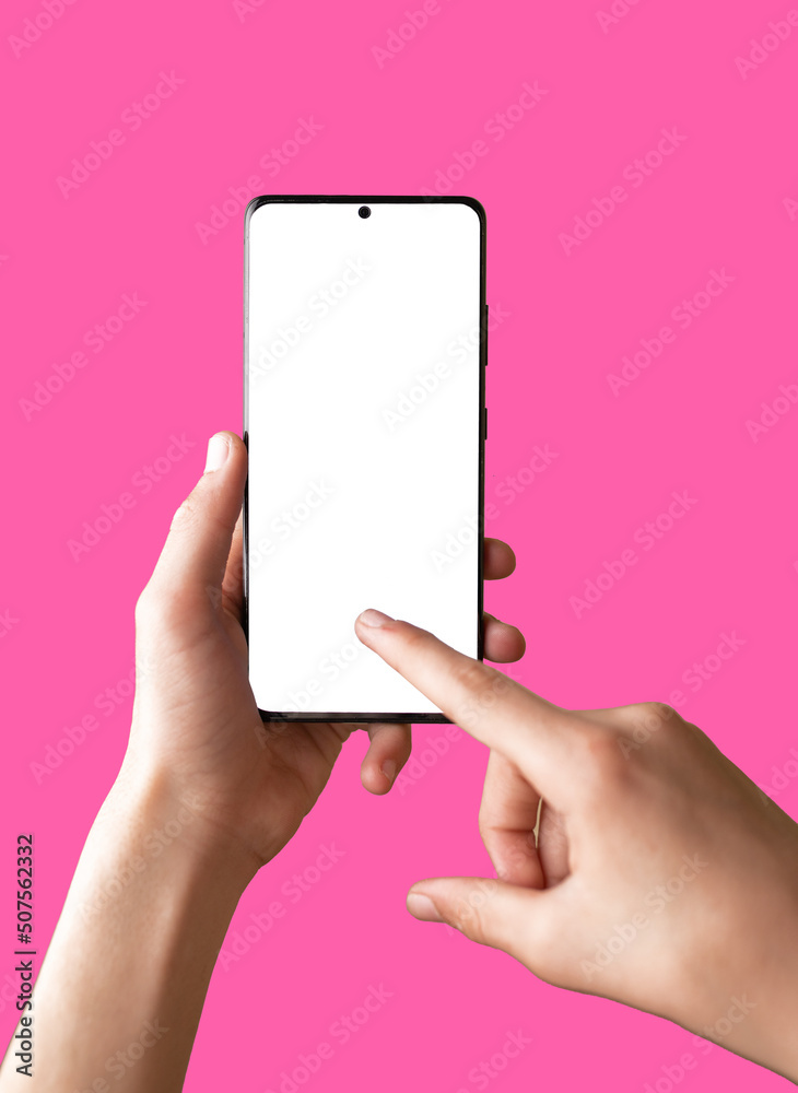 Person using mobile phone with empty white screen on bright pink ...