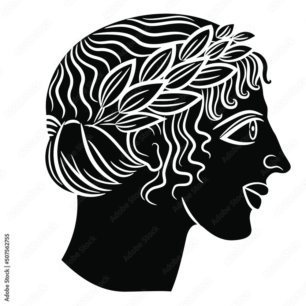 Head of ancient Greek god Apollo. Portrait in profile of a handsome ...