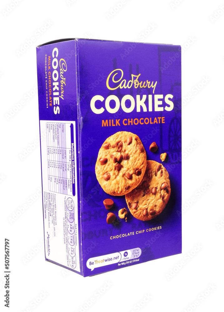 Cadbury milk chocolate chip cookies in a 150g box Stock Photo | Adobe Stock