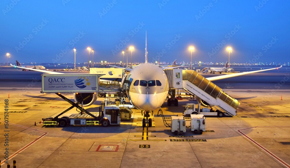 Qatar Airways Boeing 787 parked at Hamad International Airport in Doha ...