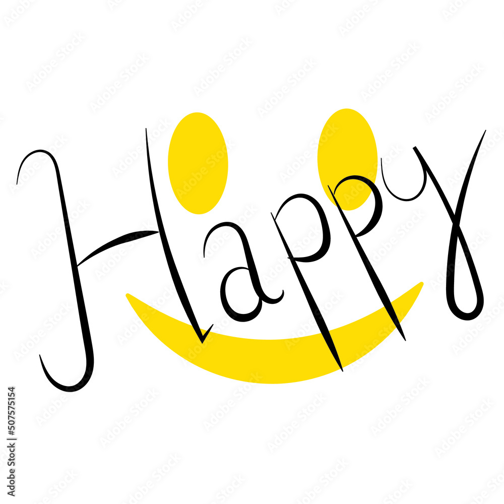 Handwritten "Happy" text in black color with yellow colored smiley ...