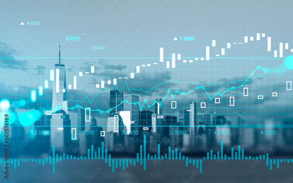 Forex graph changes, bar chart and lines. New York skyline Stock Photo ...