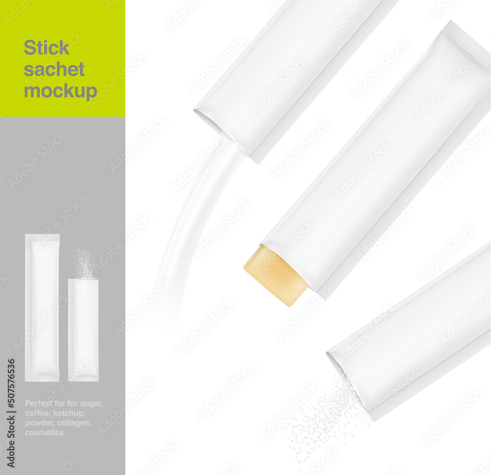 Realistic three side seal stick mockup for granulated, powder, soft or ...
