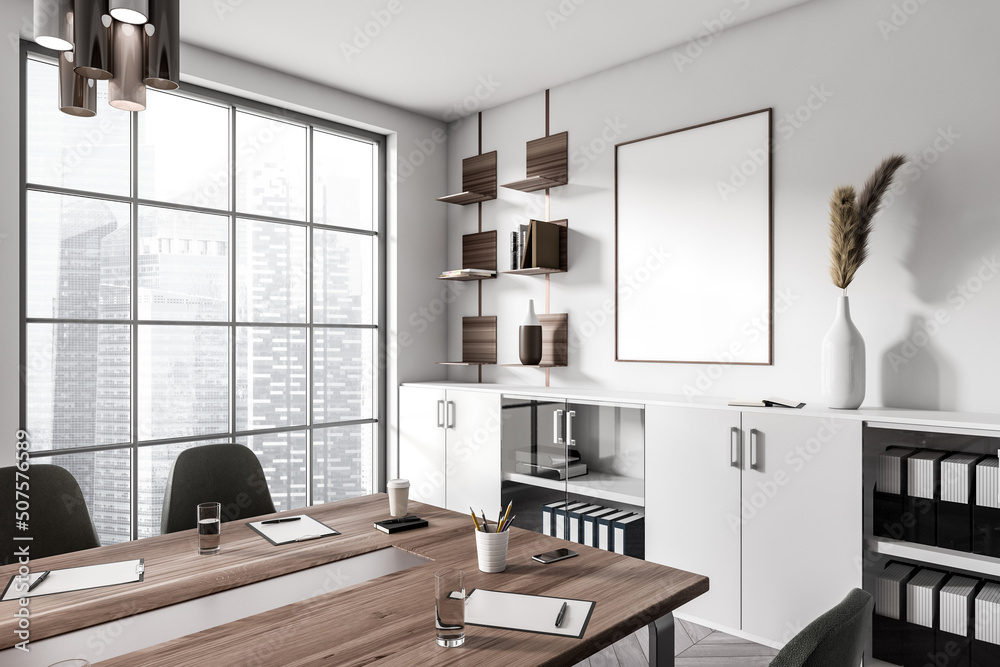 Light meeting room with table and seats, window, shelf and mockup frame ...