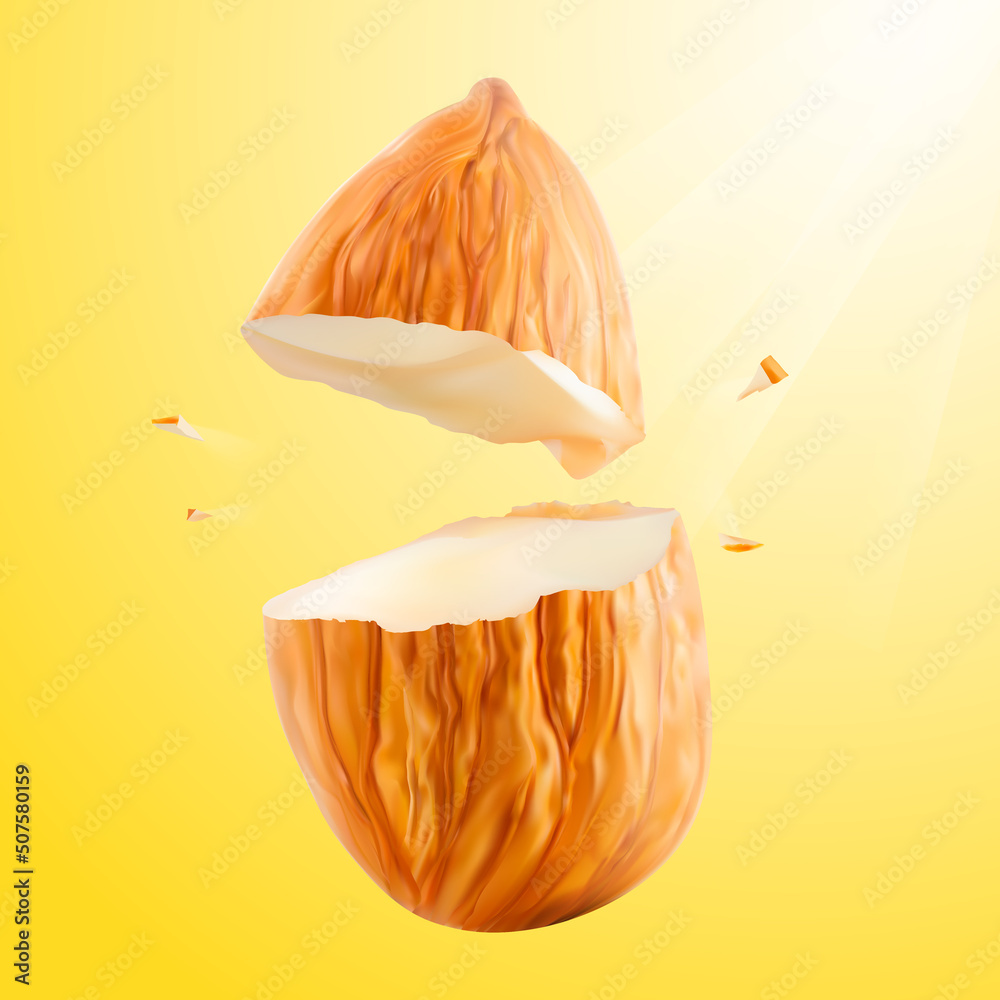 Exploded almond nut with chunks on colored background. Vector ...