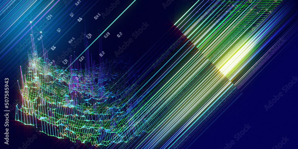 Abstract background with bending color grid and data on black. Visual ...