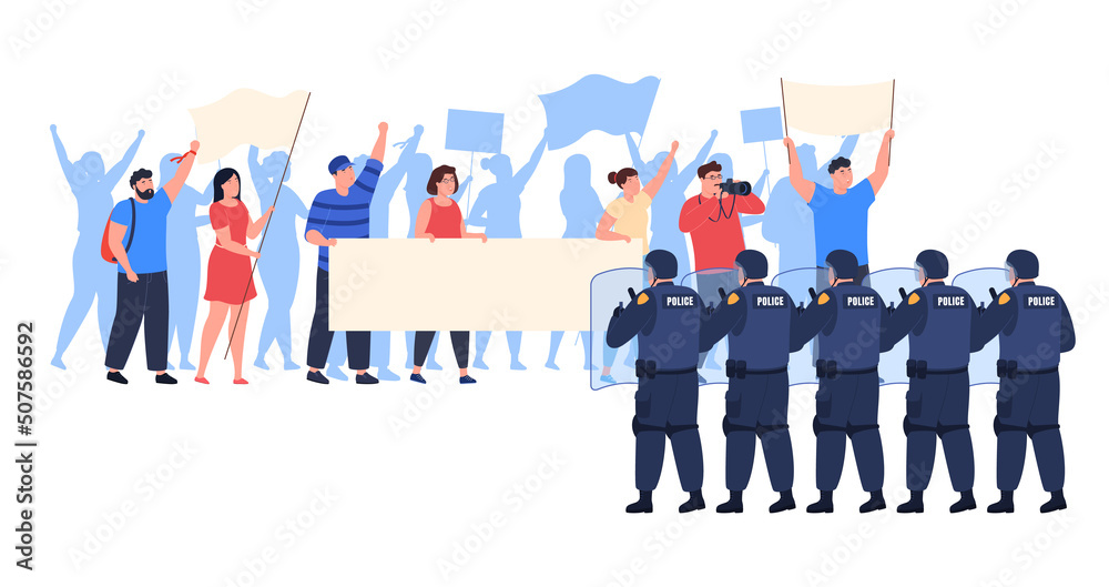 Police guard a crowd of protesters participating in a protest rally ...