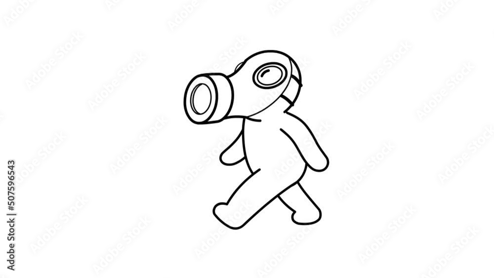Stickman with gas mask walking. Black and white linear version. Good ...