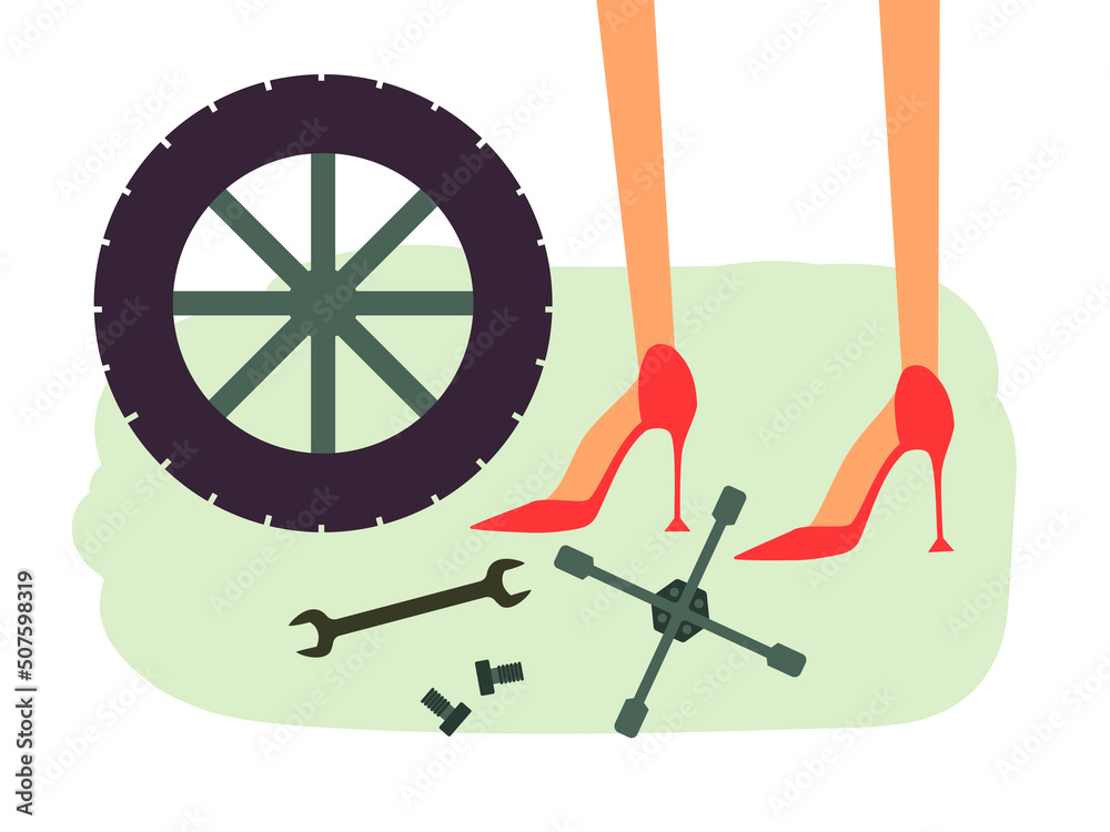 Woman in red high heels changing the tire. Cartoon vector illustration ...