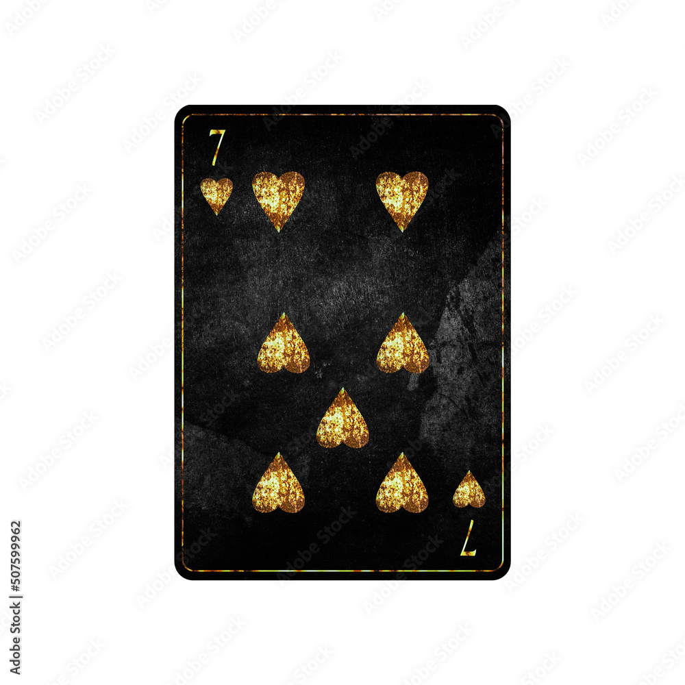Seven of Hearts, grunge card isolated on white background. Playing ...