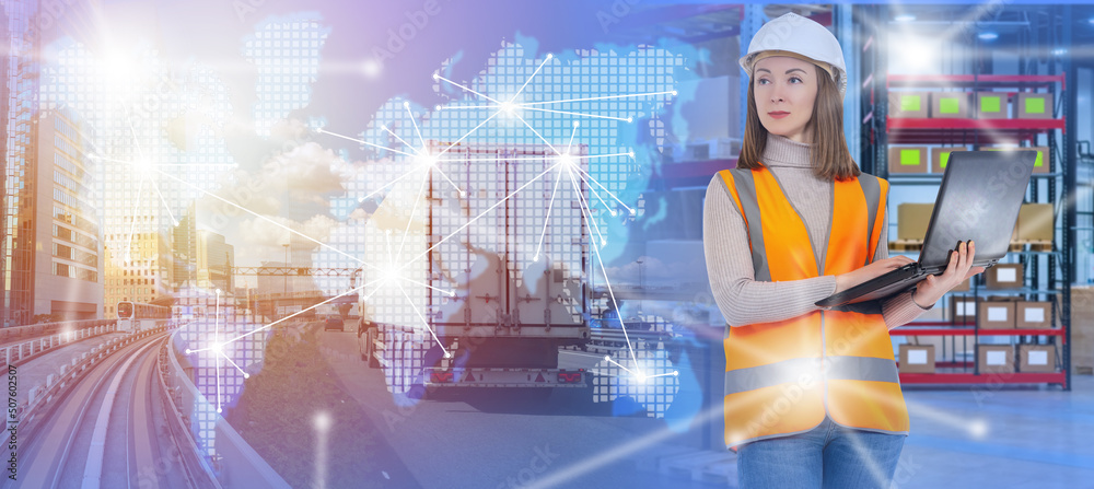 Logistics transport near woman. Logistic girl with laptop. Truck and ...