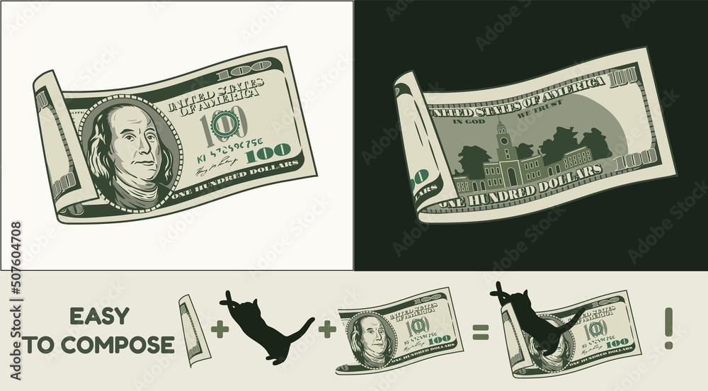 Vetor de Wavy folded american 100 dollar banknote with front and ...