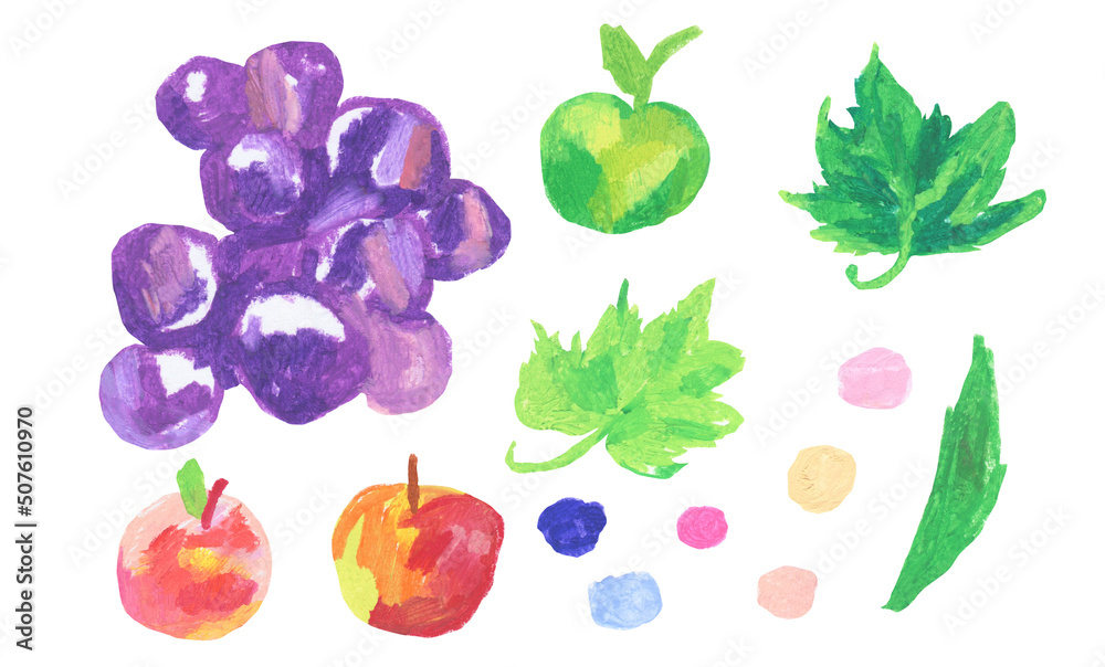 Set of illustrations with children's berries and fruits drawn with wax ...