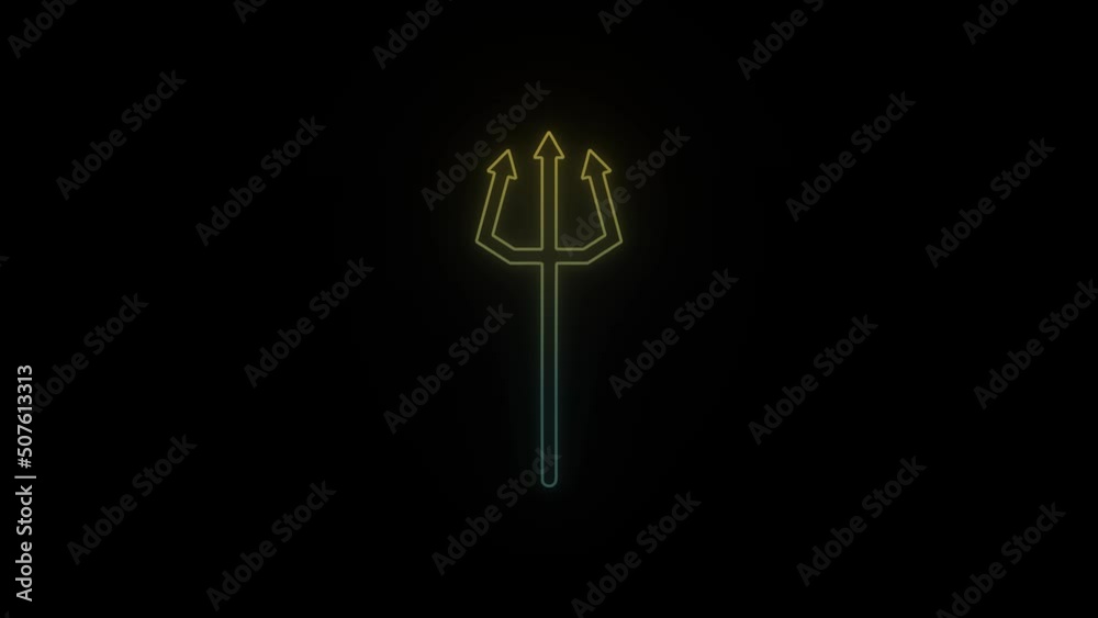 Glowing neon trident icon on black background. weapon of the god of the ...