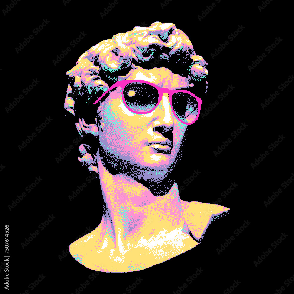 Head of statue, David sculpture bust illustration in pixel art style ...