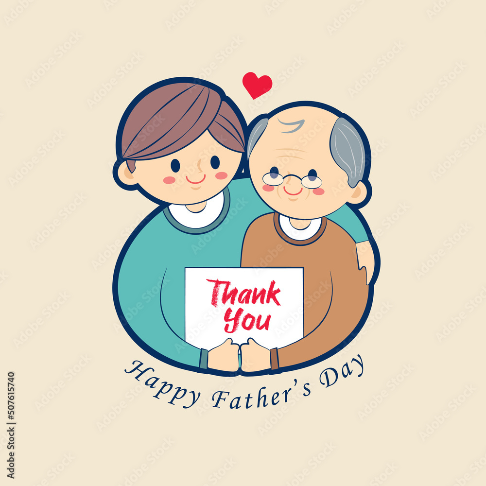 Cartoon son holding father isolated on beige background. Young man with ...