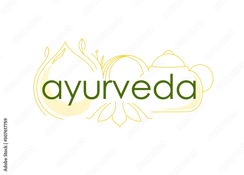 logo of Indian medicine, ayurveda, with the image of a teapot, drops of ...