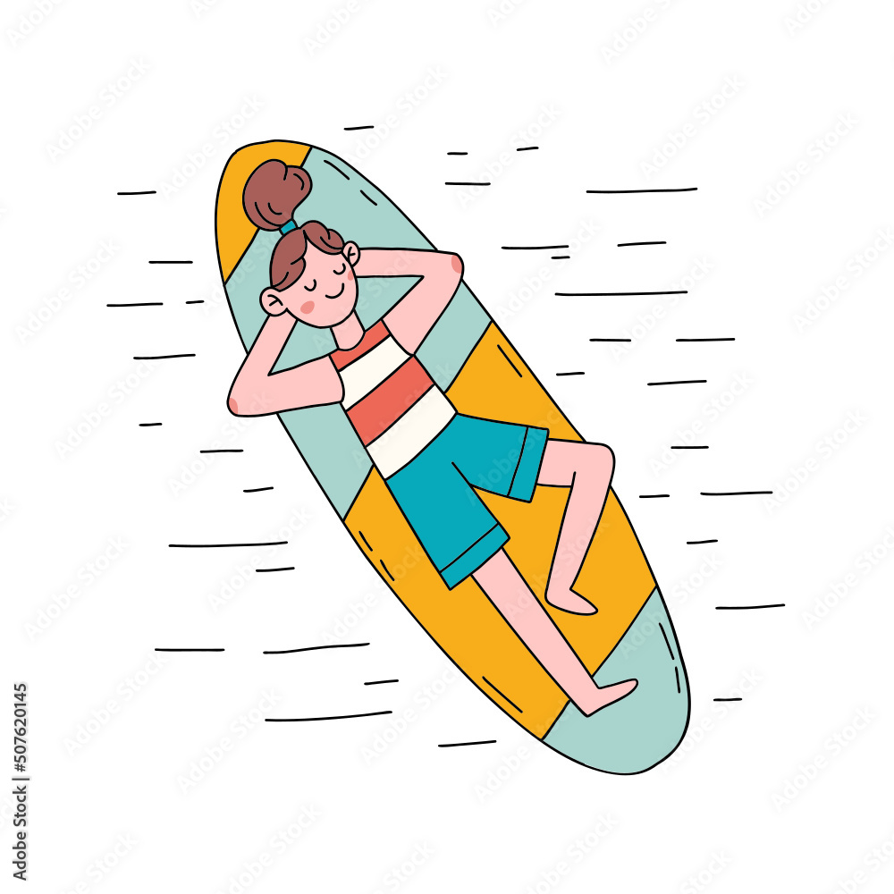 Vetor de Female cartoon character are resting on a sup board. Hand ...