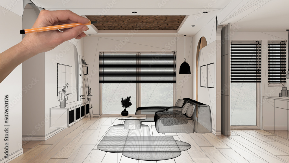 Empty white interior with parquet floor, hand drawing custom ...