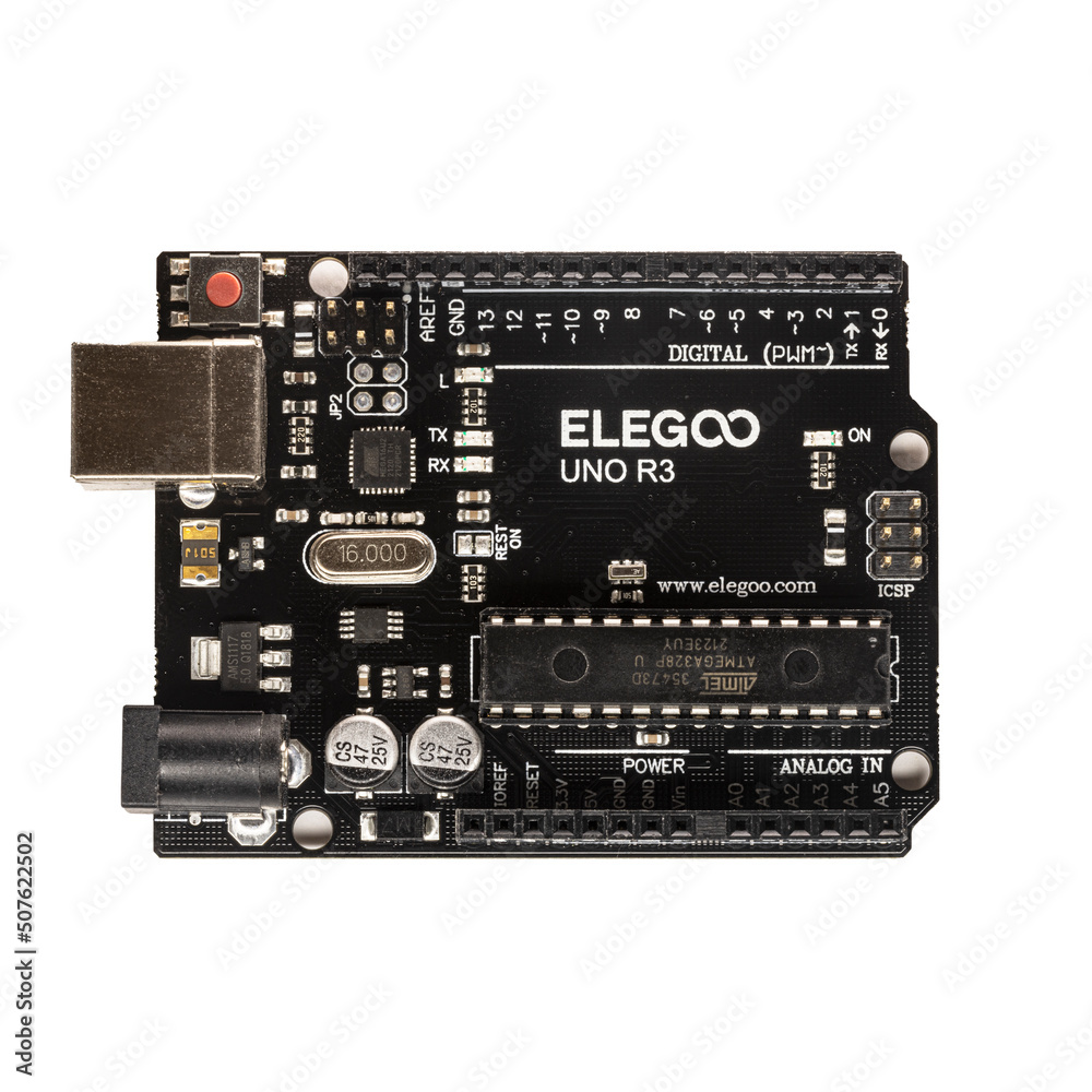SWINDON, UK - MAY 29, 2022: ELEGOO UNO R3 Arduino Clone on a white ...