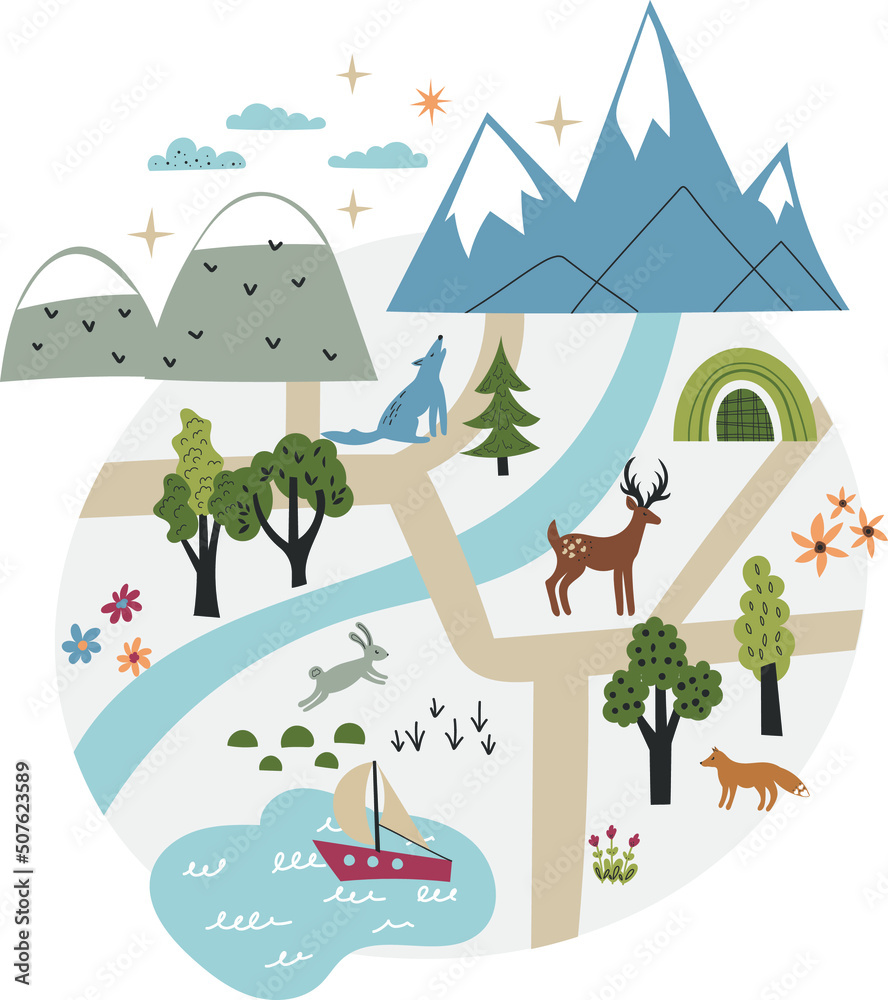 Cute town map for kid's room. Hand drawn vector illustration of a city ...