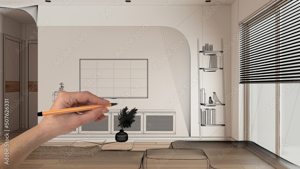 Empty white interior with parquet floor, hand drawing custom ...